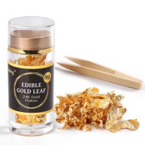 cobakey genuine edible gold leaf flakes - 50mg edible gold flakes for cake decoration (cupcake, chocolate, steak, drink & cooking), gold leaf with edible glitter & wooden tweezers