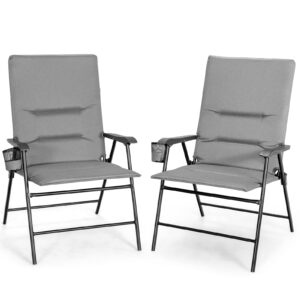 tangkula patio chairs folding set of 2, no assembly high back cushioned heavy duty steel frame outdoor chair with cup holder, supports up to 330lbs, for camping, lawn, garden, yard, picnic (grey)