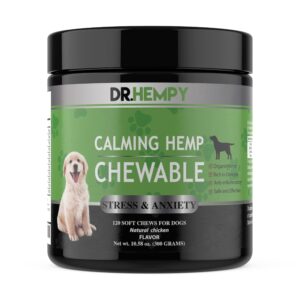 dr.hempy hemp,dog calming chews,dog anxiety relief, pet hemp soft chews for thunderstorms, firework relief,separation, stress, car rides, dog calming treats and hemp oil, 120 chews