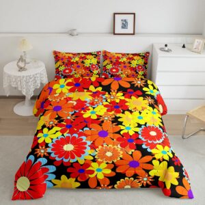 retro floral boho comforter set groovy flower bedding set for kids teens 60s 70s 80s hippie flowers bohemian comforter orange duvet set decor quilt 3pcs queen size boys