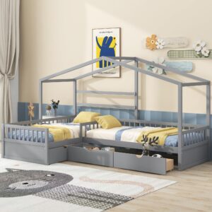 house bed double twin beds, wood l-shaped 2 twin platform beds with 3 storage drawers,montessori bed with roof ,fence and slatted design, corner playhouse bed frame for kids girls boys ,grey