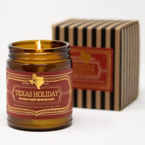 jackson vaughn scented texas candle, texas holiday - scents of toasted pecan, vintage leather, eggnog, cardamom, ginger, cinnamon - 9oz jar - 40 hour burn time