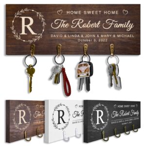 personalized wood key hooks for wall decor, housewarming gifts for new home, custom family name sign for wedding gifts, storage for outgoing items, living room entrance home decor 15.8 x 6 in