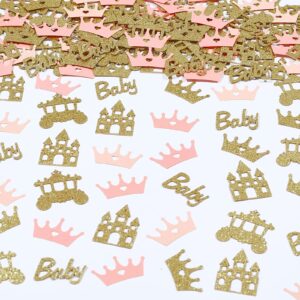 200pcs princess baby shower confetti - pink and gold princess baby shower decorations for girl, glitter crown, carriage, castle confetti, baby princess table scatter for gender reveal