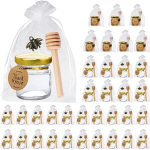 36 pack 1.5 oz mini glass honey jars with wood dipper - small glass favor jars with airtight lids, bee pendant, gift bag, gold twist tie and tag - little wedding jars for baby shower party favors