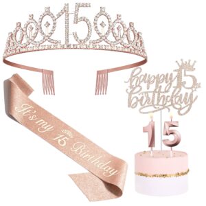 bella meri 15th birthday gifts for girls, 15th birthday tiara crown, sash, cake toppers,birthday candles, 15 birthday decorations women