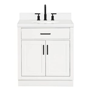 ariel hepburn 31 inch bathroom vanity with sink, white bathroom vanity, solid wood vanity base cabinet, white quartz top 1.5-inch edge, oval undermount sink, 2 soft closing doors, 1 tip out drawer