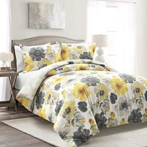 lush decor leah reversible 100% cotton duvet cover set, 3 piece set, full/ queen, yellow & gray - charming floral bedding set - large blooming watercolor flowers