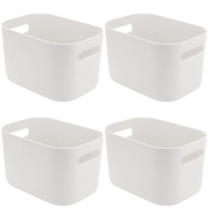 joikit 4 pack white storage bins with handles, white bathroom kitchen organizer bin, white plastic vanity storage bins for hand soap, body washes, towels, shampoos, lotions, bath balls, 10x7x6.3 inch