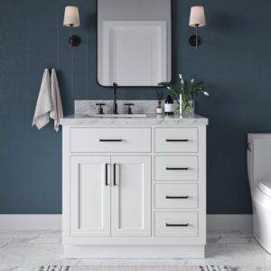 ariel bathroom vanity 37" white 1.5" edge italian carrara marble countertop & splash, left rectangular sink, 2 soft closing doors, 5 full extension dovetail drawers, toe kick, matte black