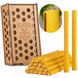 beeswax candle set taper flapinko handmade, 20 pcs slighlty narrow | organic,natural, pure, cotton wick | honeycomb texture | real bees wax candles gift set with wooden box | premium,dinner,bistro