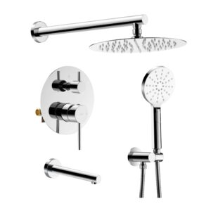 kibi circular bathroom shower system | 3-function wall mounted shower faucet set with solid brass pressure balanced valve | three hand shower modes | 15-inch long shower arm | chrome finish (ksf404)