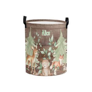 zaaprintblanket laundry basket customized name organizer storage round baskets foldable laundry hamper with handle for nursery bedroom decor (woodland tree animals)