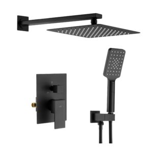 kibi cube bathroom shower system | 2-function wall mounted shower faucet set with solid brass pressure balanced valve | three hand shower modes | 15-inch long shower arm | matte black (ksf405)