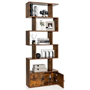 tangkula s shaped bookshelf with cabinet, 6-tier bookcase with doors, freestanding geometric bookshelves for living room, anti-toppling device, home office wood storage display shelf (1, rustic brown)