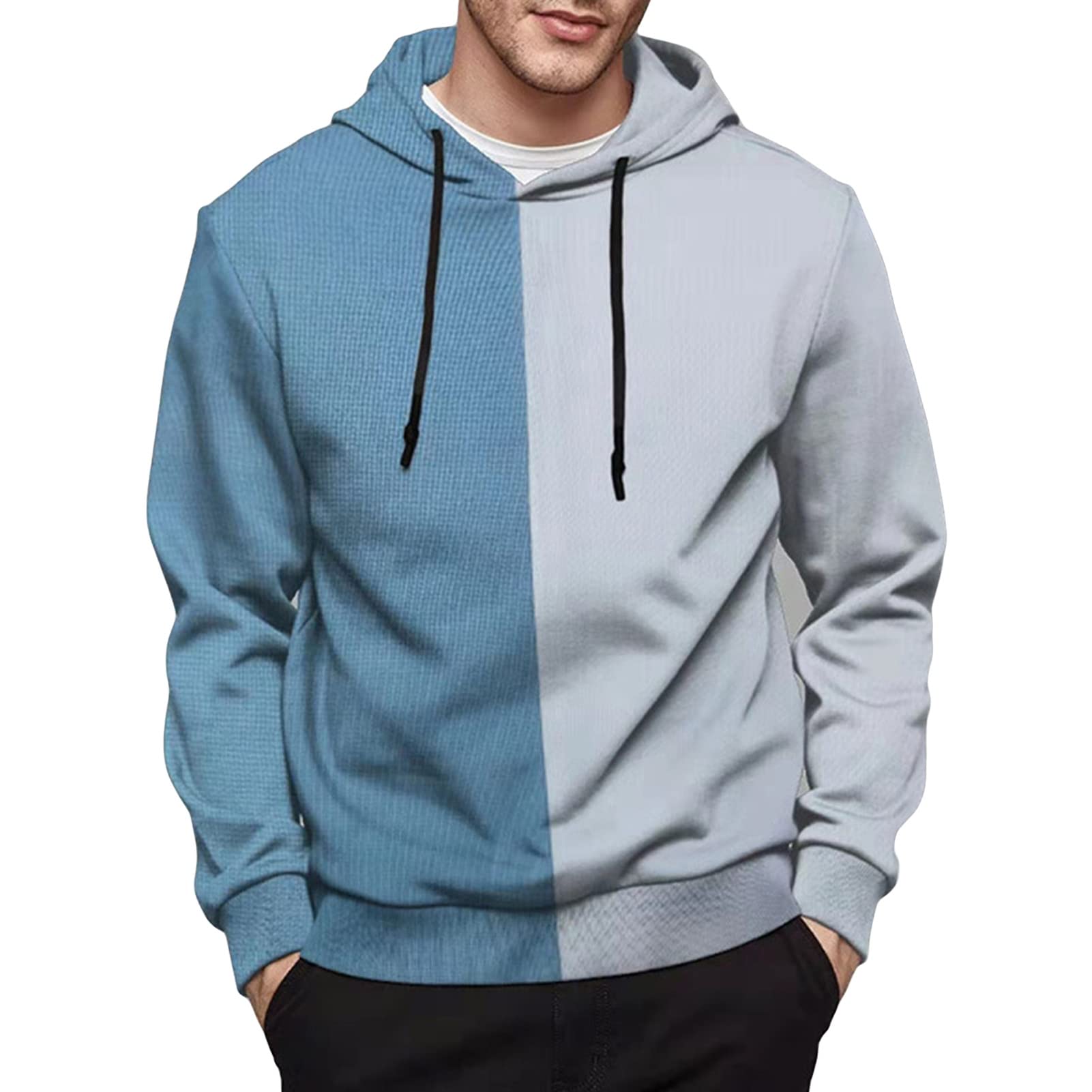 Maiyifu-GJ Color Block Hoodies for Men Casual Patchwork Gym Hooded Sweatshirt Long Sleeve Contrast Color Pullover Hoodie (Blue,X-Large)