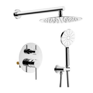 kibi 2-function wall mounted circular bathroom shower system | solid brass pressure balanced shower faucet set with high flow showerhead and handheld spray for bathroom (chrome, ksf403)