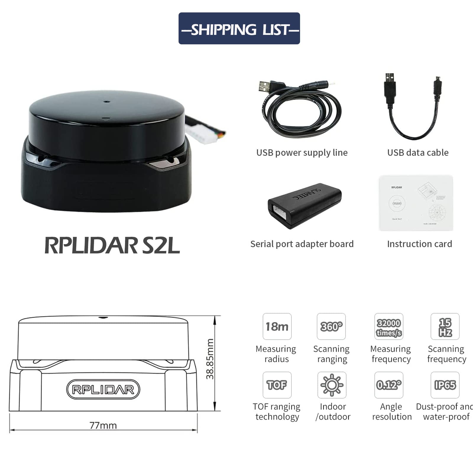 Slamtec RPLIDAR S2L 2D Lidar 360 Degree 18 Meters Scanning Radius IP65 Proof LIDAR Sensor Scanner for Obstacle Avoidance and Navigation of Robots Support ROS/ROS2