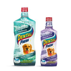 dental fresh water additives bundle for dogs & cats,original formula 32oz & advanced plaque & tartar formula 17oz,helps improve overall oral health, better breath, and targets plaque & tartar build up