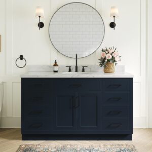 ariel bathroom vanity 61" midnight blue, 1.5" edge italian carrara marble countertop & splash, oval sink, 2 soft closing doors, 9 full extension dovetail drawers, toe kick, matte black