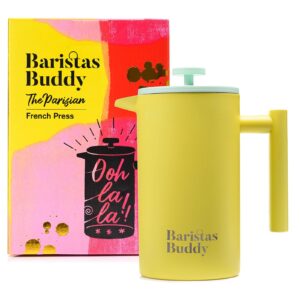 baristasbuddy yellow french press coffee maker - colorful, retro and stylish insulated coffee brewer - large size brews 4 cups