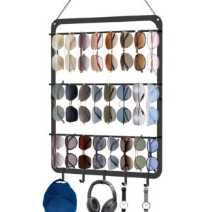 3 tier sunglasses organizer storage wall mounted, gledich upgraded hanging glasses holder for wall and door with 5 hooks, metal eyeglasses rack multiple eyewear display hanger - holds up to 29 glasses