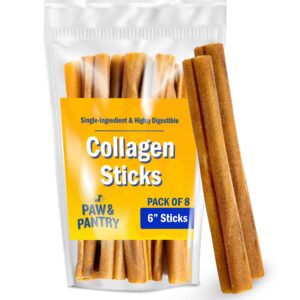 paw & pantry 6" beef collagen sticks for dogs (8 pk) - rawhide free all natural collagen chews for dogs - long lasting dog collagen sticks - dog treats promote hip, joint, skin, coat, & dental health