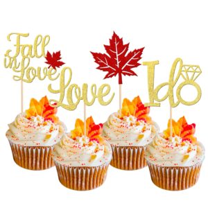 24 pcs fall in love cupcake toppers glitter maple leaves love i do cupcake picks fall theme wedding cake decorations for bridal shower engagement thanksgiving birthday party supplies