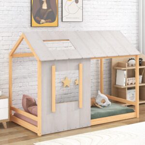 twin house bed for kids, wooden twin floor bed frame with roof and window, for girls boys (twin size, natural+antique white)