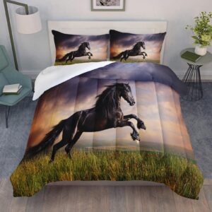 bsntho horse duvet set full size,wild animal 3 piece bedding set,galloping black horse comforter with pillow shames, for all seasons, ultra-soft, lightweight, breathable