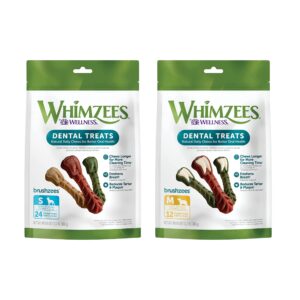 whimzees by wellness brushzees small + medium size bundle, natural dental chews for dogs, grain-free, 24 count of small size + 12 count of medium