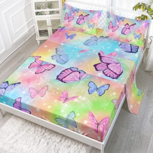 datura home bedding fitted sheet and flat sheet set 4pcs colorful rainbow butterfly printed bedding set with 1 flat sheet and 1 fitted sheet+2 pillowcases for girls (rainbow butterfly),twin 67x97inch