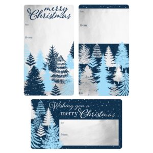 silver foil and blue christmas tags, 75 count, blue and silver christmas tree gift wrap tags, self adhesive peel and stick christmas gift tags, blue wrapping paper supplies