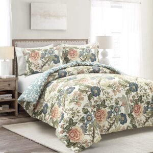 lush decor sydney reversible 100% cotton duvet cover set - charming & colorful floral leaf design - 3 piece botanical bedding set with shams - king, green & blue