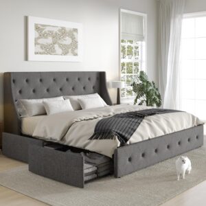 sha cerlin king size platform bed frame with 4 storage drawers and wingback headboard, diamond stitched button tufted design, no box spring needed, light grey