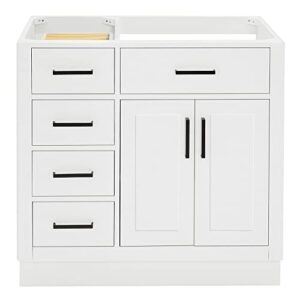 ariel hepburn bathroom vanity base cabinet 36" white, right offset sink configuration, 2 soft closing doors, 5 full extension dovetail drawers, toe kick, matte black