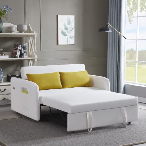 LUMISOL 3-in-1 Muti-Functional Sleeper Sofa with Pull Out Bed, Convertible Sofa Bed w/Adjustable Backrest and Pillows, Modern Upholstered Loveseat Sofa with w/ 2 Big Side Pockets and USB Socket