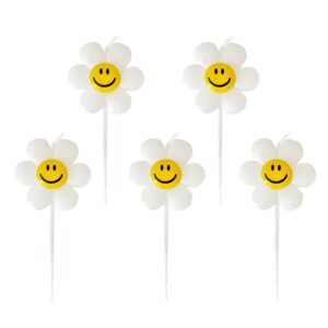 5 pcs white flower shaped with smiling face birthday candles, daisy candles cake decorations cake cupcake toppers