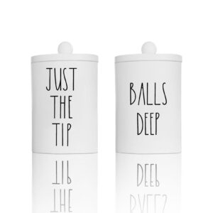 farmhouse apothecary jars, qtip & cotton ball holder with lids, funny rustic cotton swab canisters for bathroom decor storage organization (white)