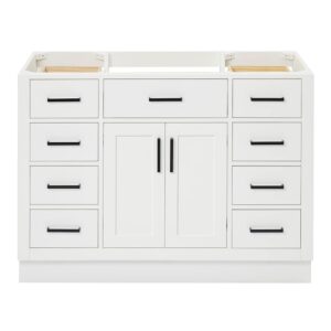 ariel hepburn bathroom vanity base cabinet 48" white, single sink configuration, 2 soft closing doors, 9 full extension dovetail drawers, toe kick, matte black