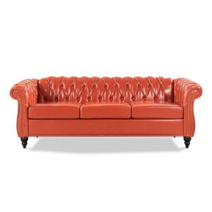 kuvenqiw modern orange chesterfield sofa button tufted faux leather couches for living room classic bedroom office apartment (orange)