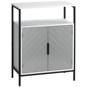 homcom storage cabinet with open shelf and double door cupboard, accent cabinet with herringbone panel and steel frame, gray