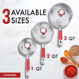 Concord 1 Quart Stainless Steel Saucepan with SIMPLE POUR Vented Glass Lid. Features Dual Pouring Spouts and Volume Marking. Perfect for making Sauces, Jam, Ramen, and more