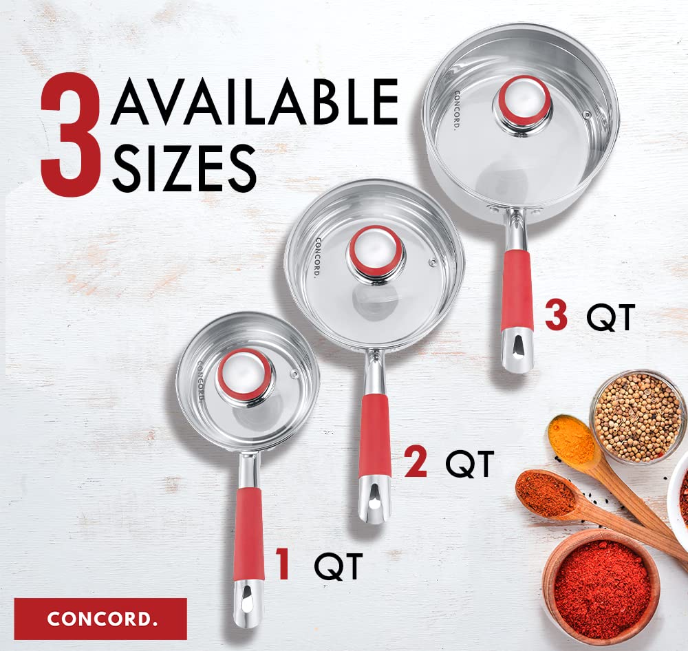 Concord 1 Quart Stainless Steel Saucepan with SIMPLE POUR Vented Glass Lid. Features Dual Pouring Spouts and Volume Marking. Perfect for making Sauces, Jam, Ramen, and more