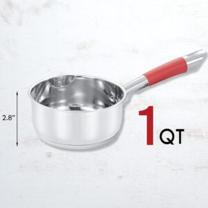 Concord 1 Quart Stainless Steel Saucepan with SIMPLE POUR Vented Glass Lid. Features Dual Pouring Spouts and Volume Marking. Perfect for making Sauces, Jam, Ramen, and more