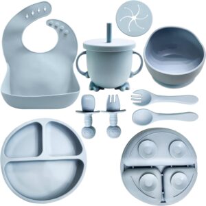 10 piece baby feeding set | 100% food grade silicone | non slip | suction bowl and plate | self feeding utensils | led weaning supplies | microwave and dishwasher safe | 6+ months