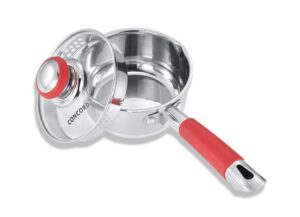 concord 1 quart stainless steel saucepan with simple pour vented glass lid. features dual pouring spouts and volume marking. perfect for making sauces, jam, ramen, and more