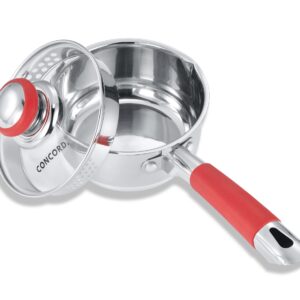 Concord 1 Quart Stainless Steel Saucepan with SIMPLE POUR Vented Glass Lid. Features Dual Pouring Spouts and Volume Marking. Perfect for making Sauces, Jam, Ramen, and more