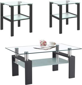 pouleii living room table set,3 piece glass coffee and end tables set for room,coffee with tempered tabletop metal frame apartment, small space black