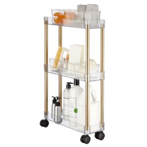 mdesign slim portable 3-tier household rolling storage cart for bathroom, kitchen, craft room, laundry room, office, and kid's playroom - 4 rotating wheels - clear/soft brass